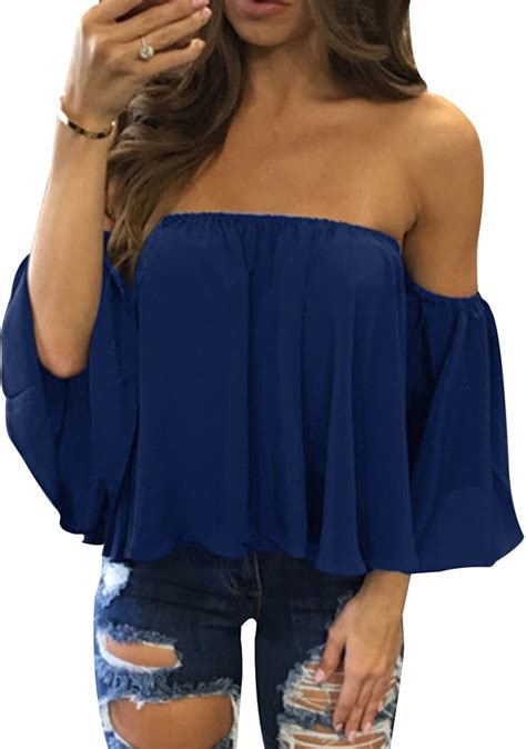 Damen Sommer Schulterfrei Blusen Kurzarm Sexy Tops Chiffon Rüschen