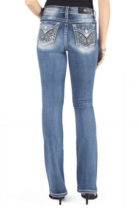 Miss Me Womens Medium Wash Mid Rise Wing Pocket Stretch Bootcut Jeans