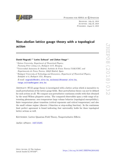 Pdf Non Abelian Lattice Gauge Theory With A Topological Action