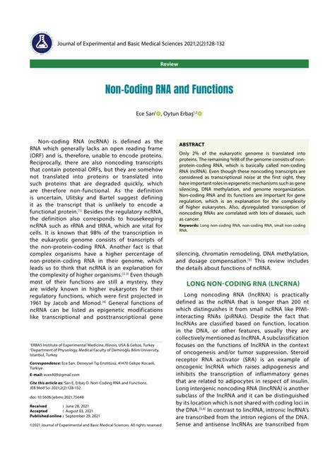 PDF Non Coding RNA And Functions