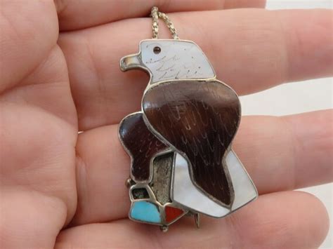 Vintage Zuni Signed Eagle Pendant Necklace Sterling S Gem