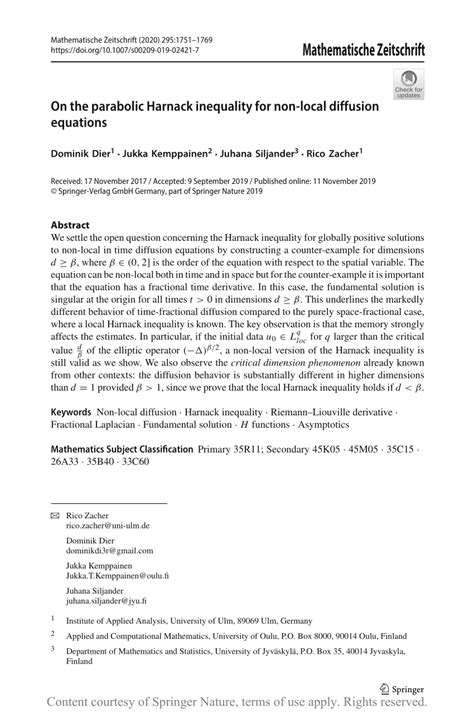 On The Parabolic Harnack Inequality For Non Local Diffusion Equations Request Pdf