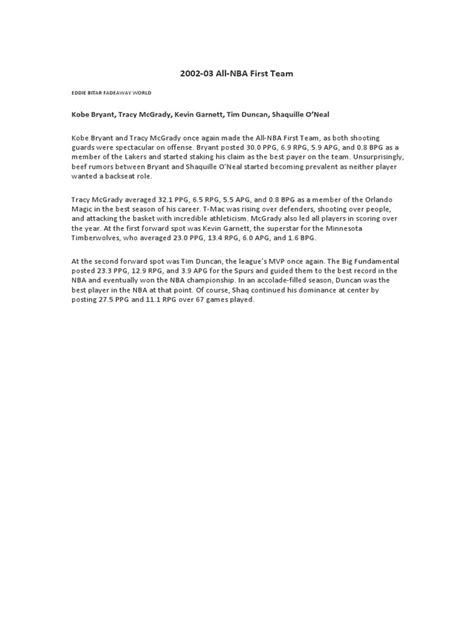 The 2002 03 All Nba First Team Pdf