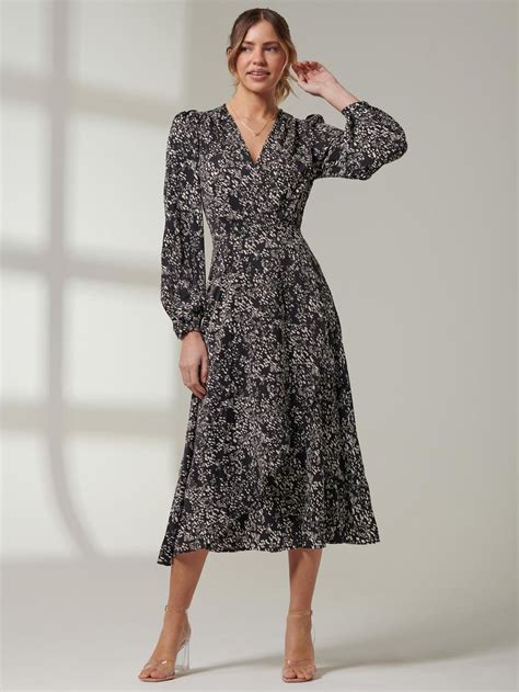 Crepe Wrap Long Sleeve Midi Dress Black Spot Jolie Moi Retail