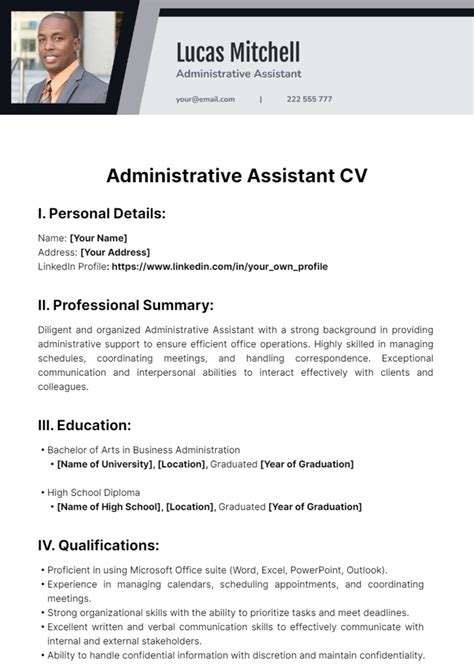 Free Administrative Assistant Cv Template To Edit Online