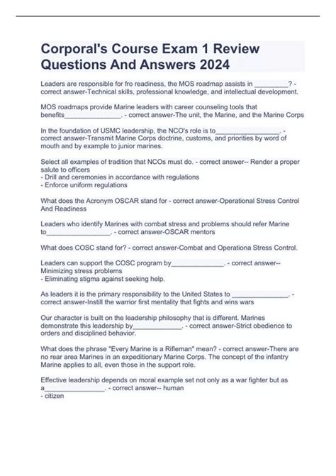 Corporal S Course Exam 1 Review Questions And Answers 2024 Corporals