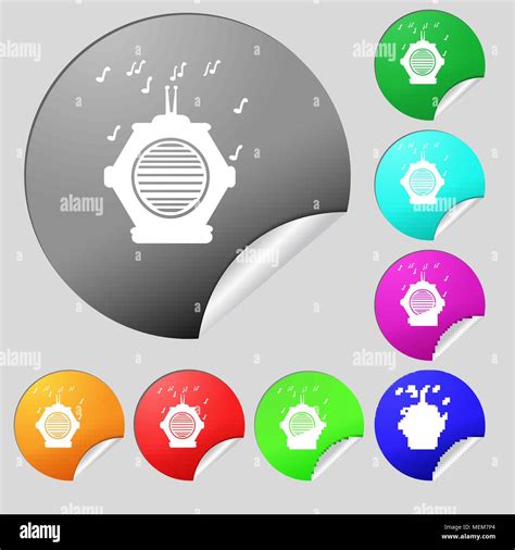 Old Analog Radio Icon Sign Set Of Eight Multi Colored Round Buttons Stickers Vector