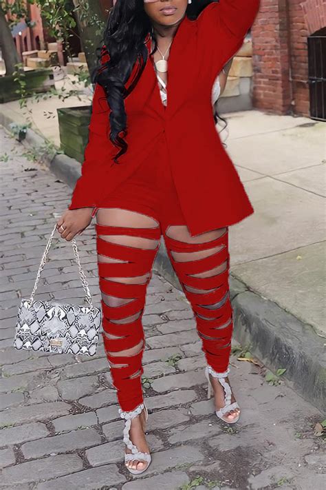Wholesale Tangerine Red Sexy Street Solid Hollowed Out Patchwork