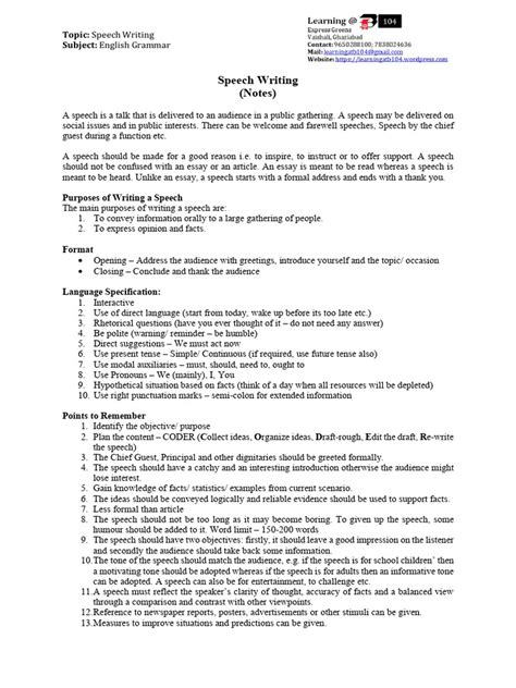 Speech Writing Notes Pdf Speech Grammatical Tense