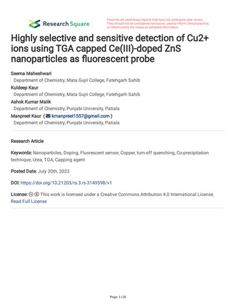 Pdf Highly Selective And Sensitive Detection Of Cu2 Ions Using Tga Capped Ceiii Doped Zns