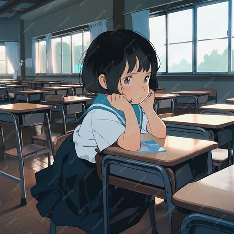 Premium Photo Anime Girl Sitting At Desk In Classroom With Hand On