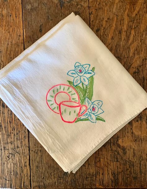 Vintage Flour Sack Embroidered Kitchen Towel Large Cotton Tea Etsy
