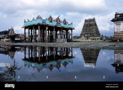 Natraja Temple North Tower And Mandap Along With Its Reflection In The