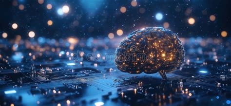 Artificial Intelligence Brain Model on Circuit Board with Glowing Lights and Bokeh Effect ...
