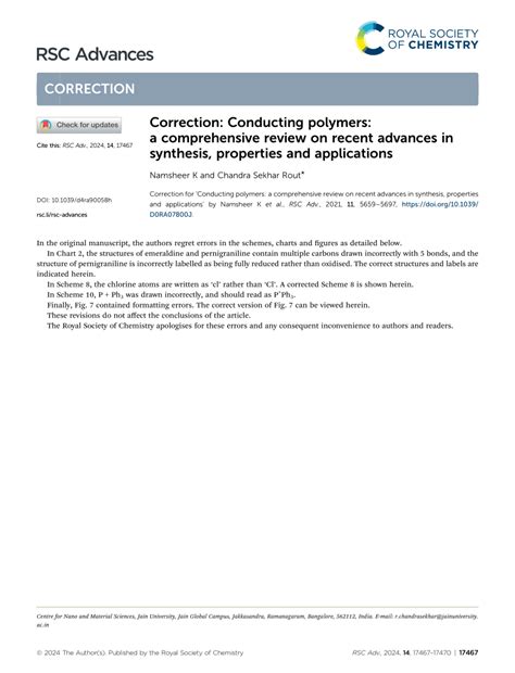 Pdf Correction Conducting Polymers A Comprehensive Review On Recent Advances In Synthesis