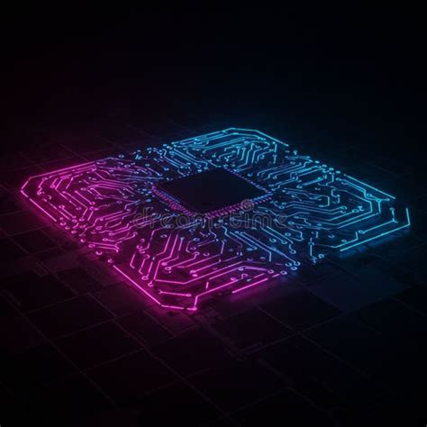 Neon Lit Circuit Board Design Featuring A Central Processing Unit Circuitry Glows In Stock