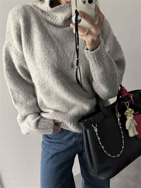 느루아 겨울 목폴라 하이넥 여성 루즈핏 부드러운 폴라 브러쉬 터틀넥 니트 그레이 핑크