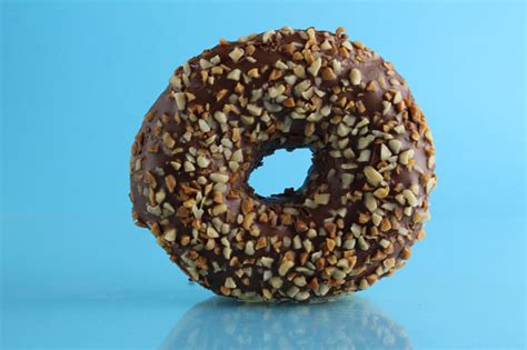 베를린 도넛 핑크 초콜릿 거짓말은 부엌 아침 식사 달콤한 식사를위한 정물의 사본을 텍스트 장소와 파란색 밝은 배경에 서 0명에