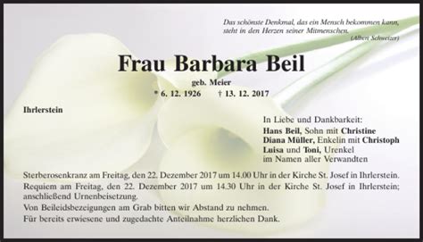 Traueranzeigen Von Barbara Beil Mittelbayerische Trauer