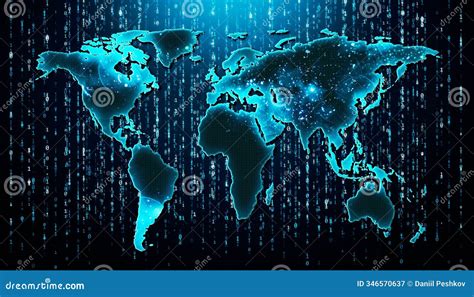 Digital Glowing World Map With Binary Code Background In Blue Hues 3d Rendering Stock