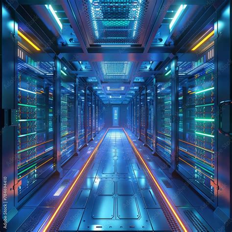 3d rendering of a modern data center room filled with high tech server racks blue and green led