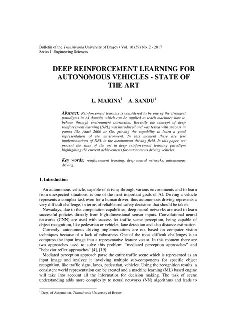 PDF DEEP REINFORCEMENT LEARNING FOR AUTONOMOUS VEHICLES STATE OF THE ART