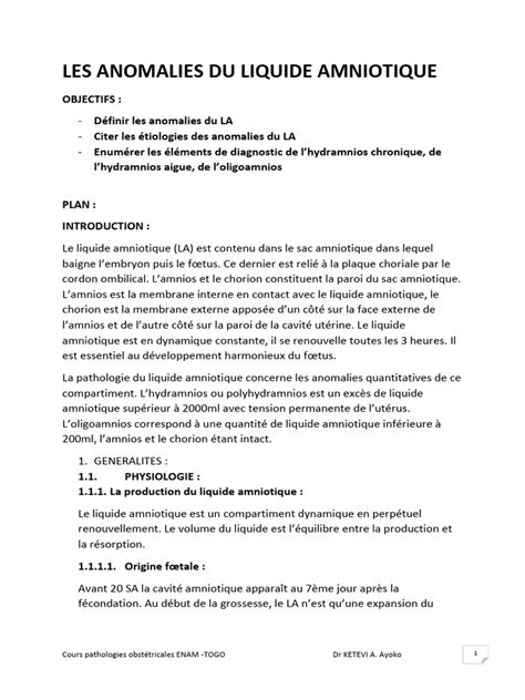 Les Anomalies Du Liquide Amniotique Pdf Grossesse Placenta