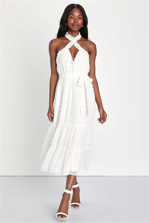 White Halter Dress Tiered Midi Dress Clip Dot Dress Lulus