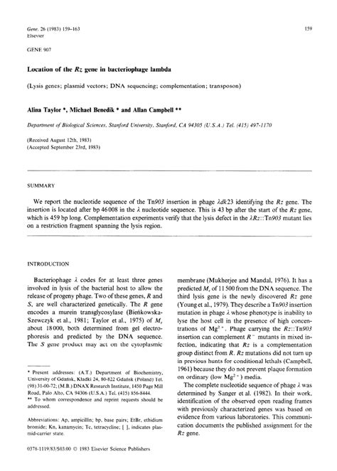 Pdf Location Of The Rz Gene In Bacteriophage Lambda