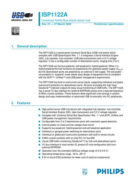 Isp1122a Datasheet Pdf Nxp Universal Serial Bus Stand Alone Hub