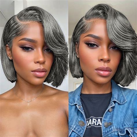 Trendy Design Salt And Pepper Grey Glueless Wavy Bob 5x5 Hd Lace Fron