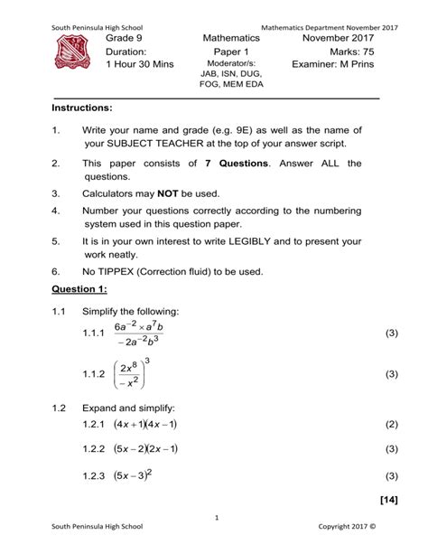 Grade 9 Math Exam Paper South Peninsula High School