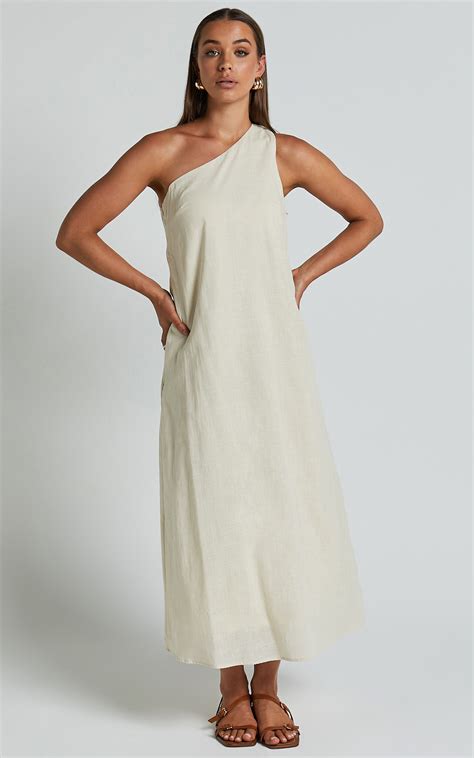 Shammae Midi Dress One Shoulder Linen Sleeveless Dress In Beige