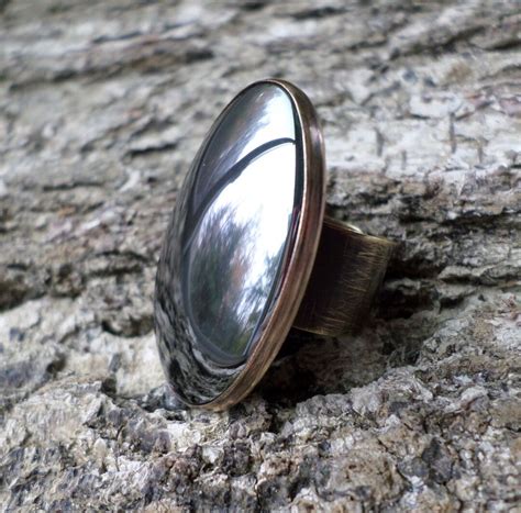 Golden Brass And Hematite Cocktail Ring Metallic Gray Large Oval