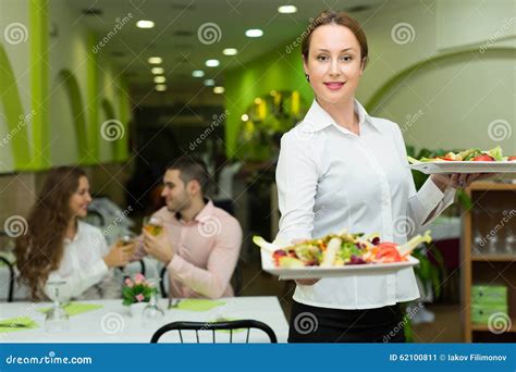 Female Waiter Serving Guests Table Stock Image Image Of Person