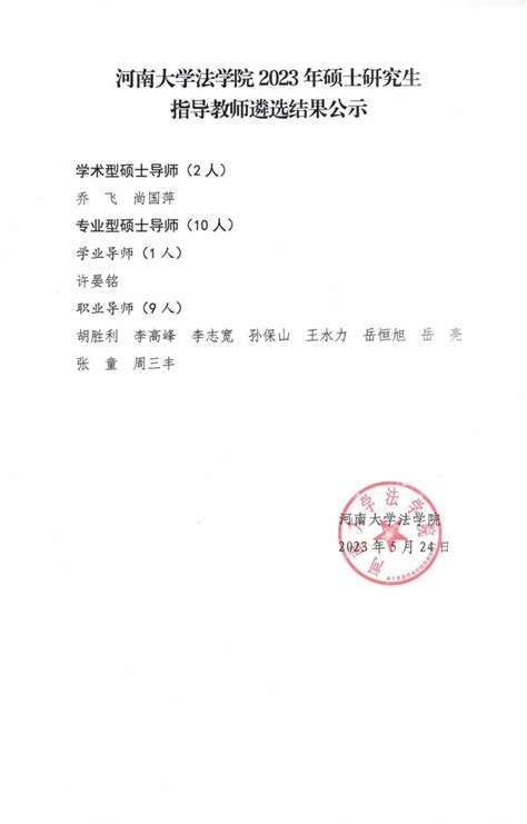 河南大学法学院2023年硕士研究生指导教师遴选结果公示 法学院