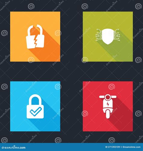 Set Broken Or Cracked Lock Cyber Security Lock And Check Mark And Electric Scooter Icon