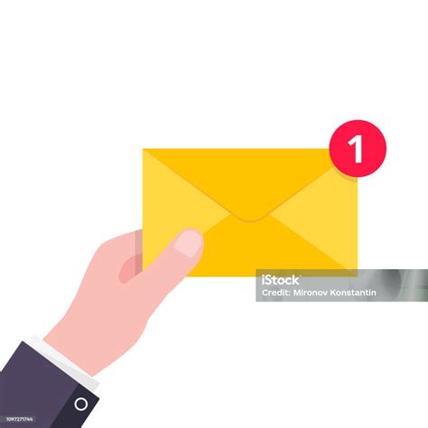 손을 잡고 그것에 번호 1 노란색 봉투 편지 전자 메일 개념 새로운 메시지 또는 Sms 평면 스타일 디자인 벡터 그림 흰색 배경에 고립 메시지 또는 Sms 제공 및 알림