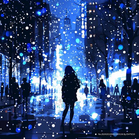 Ai创作图飘雪都市 人造飘雪夜 冬wonderland 雪夜行人 下雪灯光晚上 飘雪夜景 噪点插画 都市夜雪 雪花飘落街道上空 雪夜人影 雪夜