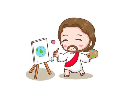 귀여운 예수 그리스도 만화 캐릭터가 땅을 헐떡입니다 손으로 그린 꼬마 캐릭터 프리미엄 벡터
