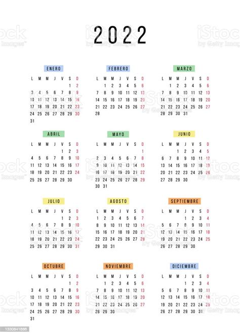 스페인어 달력 2022 년 벡터 문구 달력 주간은 월요일에 시작됩니다 연간 주최자 최소한의 디자인의 간단한 캘린더 템플릿 비즈니스 일러스트레이션 0명에 대한 스톡 벡터 아트