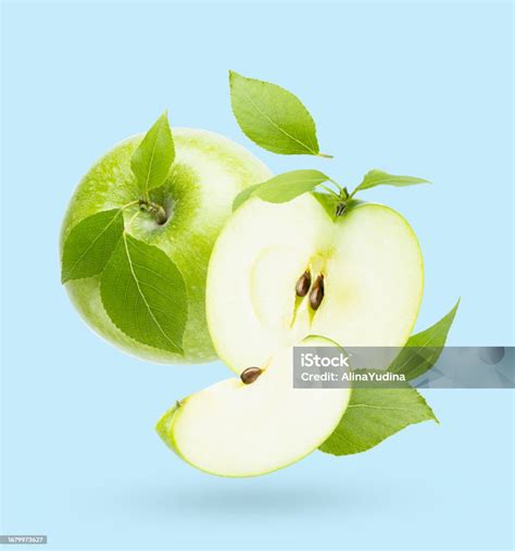 초록색 잎이 있는 육즙이 많은 녹색 사과는 예술 구성 전체 반 분기 과일 격리 그림자로 연한 파란색 배경에 근접 공중에 떠