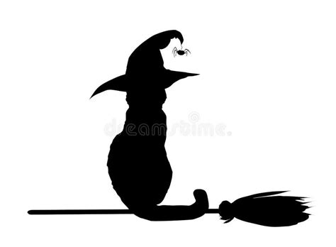 Silhouette Of Black Cat In Witch Hat Sitting On Broomstick Stock Vector