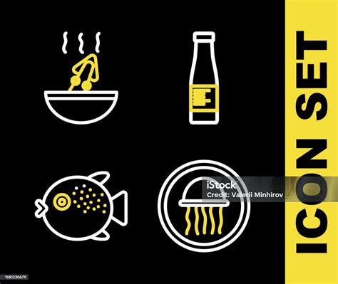 세트 라인 소스 병 접시에 해파리 복어와 문어 아이콘이 있는 수프 벡터 겨자에 대한 스톡 벡터 아트 및 기타 이미지 겨자 귀여운 그릇 Istock