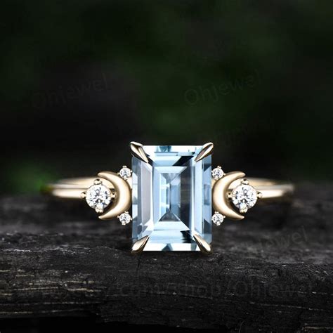 Vintage Emerald Cut Aquamarine Ring Unique Aquamarine Engagement Ring