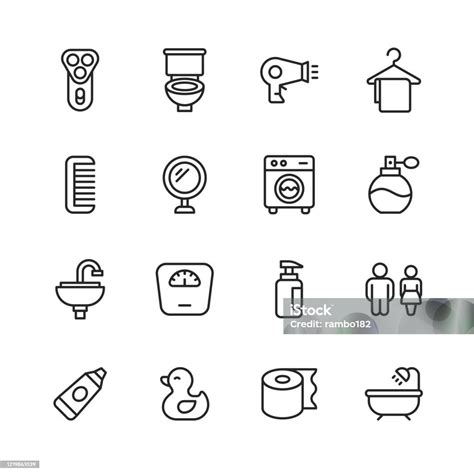 욕실 라인 아이콘입니다 편집 가능한 스트로크입니다 픽셀 완벽한 모바일 및 웹용 면도기 화장실 헤어 다이어 수건 옷걸이 빗 거울 세탁기 향수 수도꼭지 싱크대 체중 계수 비누