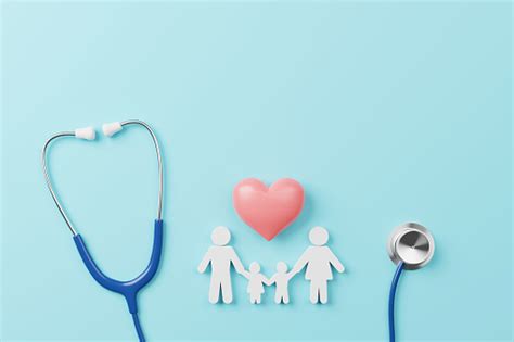 시안 배경에 심장 기호와 의료 청진기와 아이콘 가족의 최고 보기 건강 관리 보험 개념 3d 렌더링 3차원 형태에 대한 스톡 사진