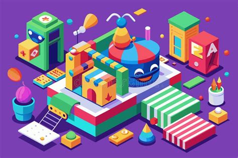 A Vibrant Isometric Illustration Features A Whimsical Setting With Playful Structures And