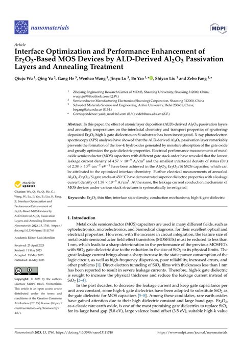 Pdf Interface Optimization And Performance Enhancement Of Er2o3 Based Mos Devices By Ald