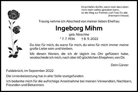 Traueranzeigen Von Ingeborg Mihm Trauerhnade